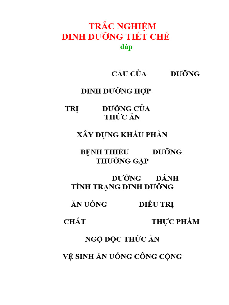 (123doc) 800 Cau Trac Nghiem Mon Dinh Duong Tiet Che Theo Bai Co Dap An Full | PDF