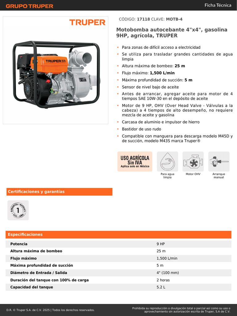 FT Motobomba Truper 17118 | PDF | Vehículo de motor | Coche