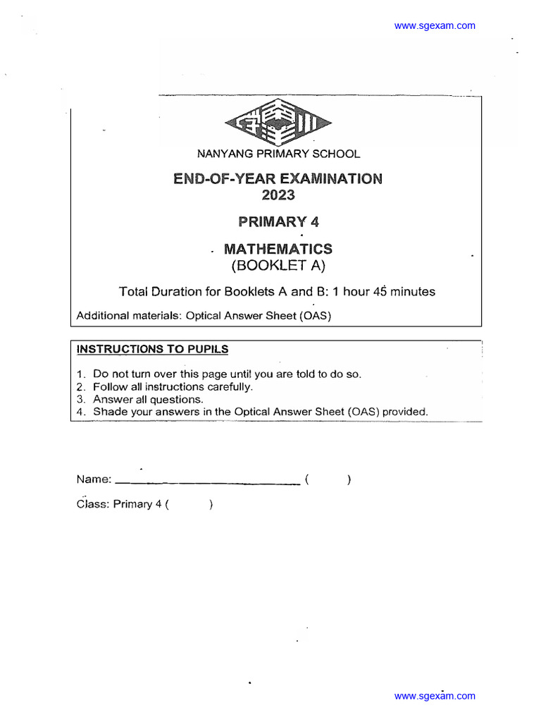 Nanyang Primary School P4 Math Exam 2023 | PDF
