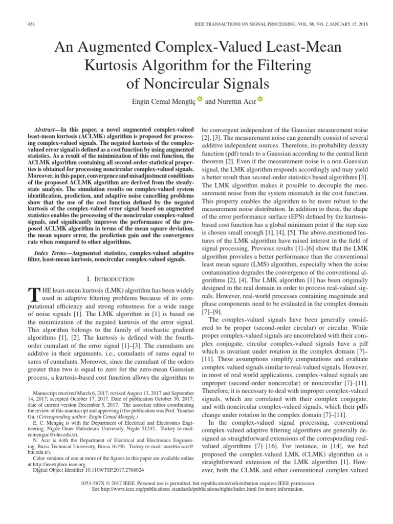 An Augmented Complex-Valued Least-Mean Kurtosis Algorithm For The Filtering of Noncircular ...