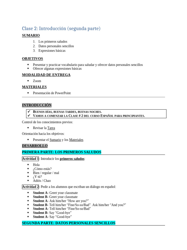 Beginners Spanish Class 2 | PDF