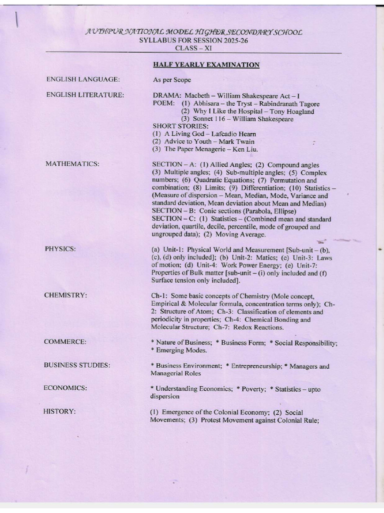 Syllabus Class XI 001 | PDF