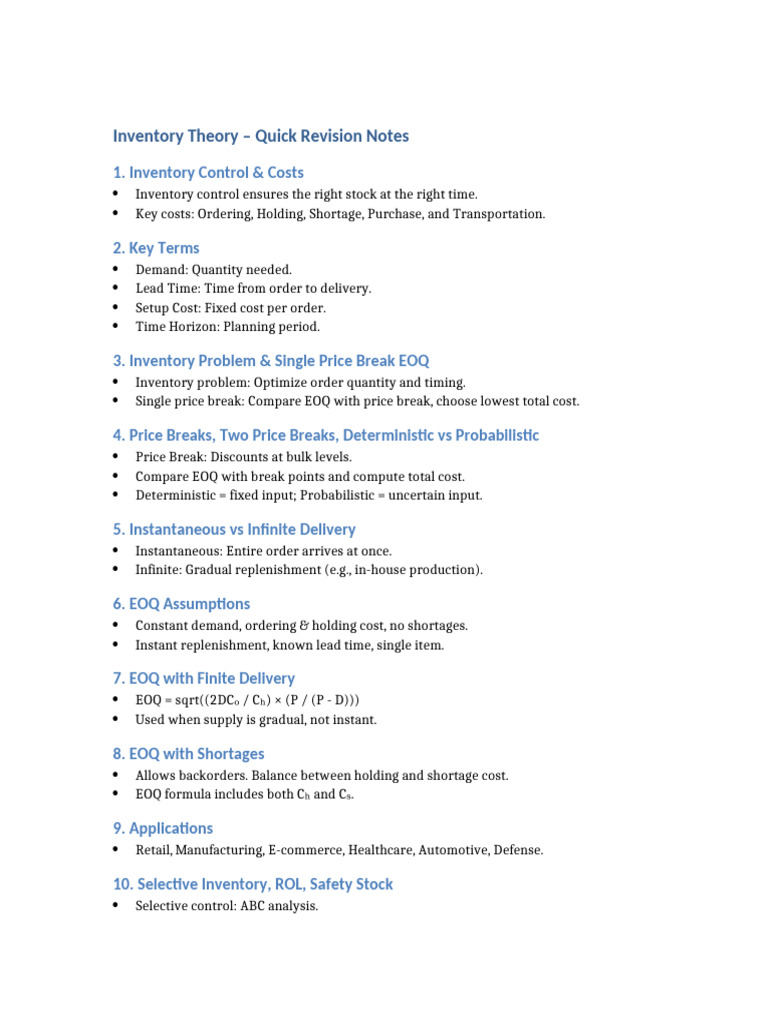 Inventory Theory Revision Notes | PDF