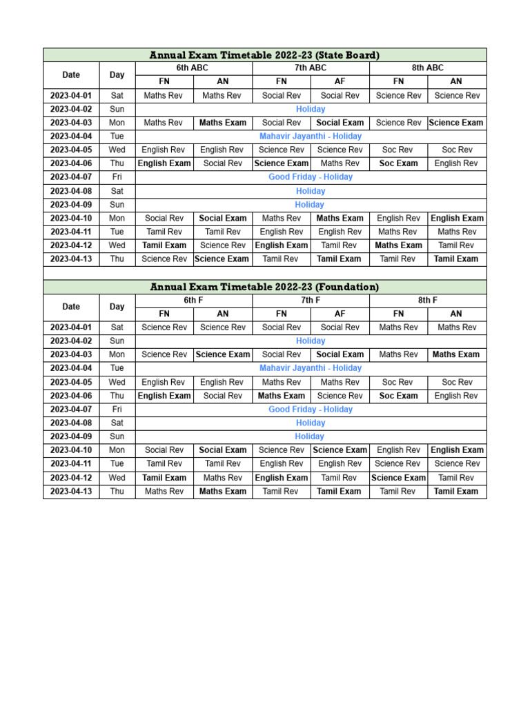 Annual Exam Timetable 2022-23 | PDF