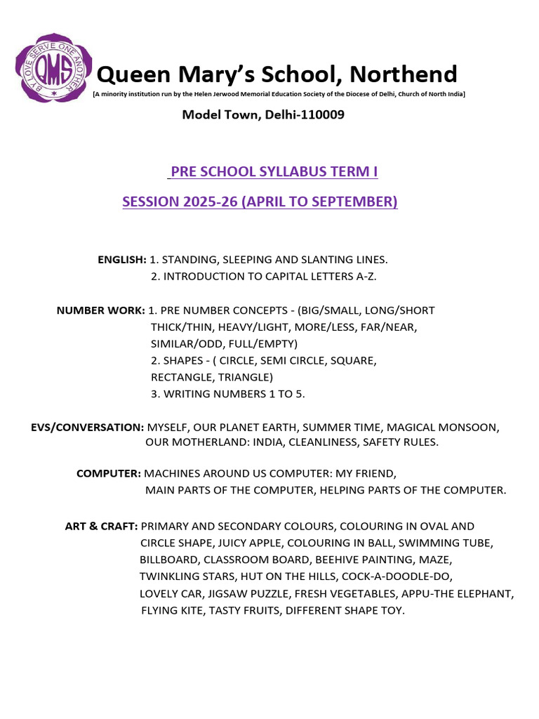 Pre School Syllabus Outline Session 25-26 | PDF