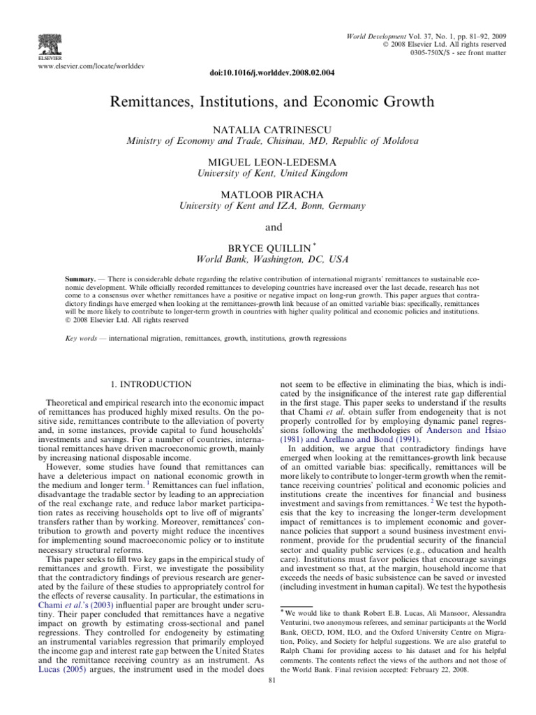 Remittances, Instituion and Economic Growth | PDF | Economic Growth ...