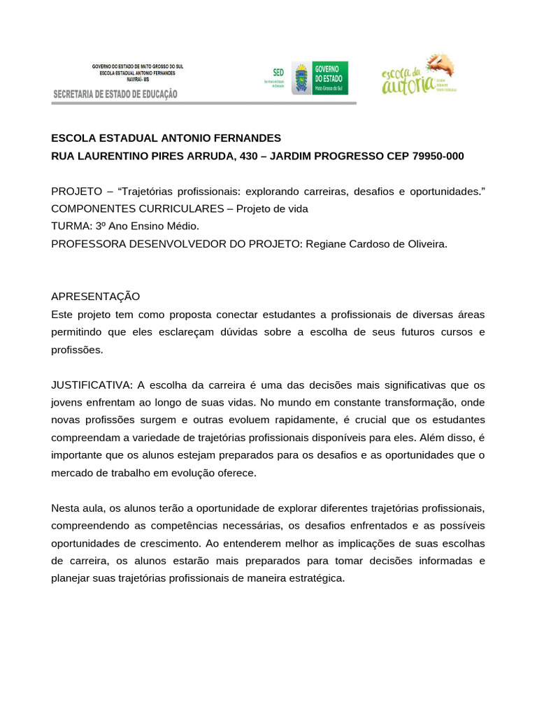 PROJETO PROFISSOES PV Carreiras | PDF | Pedagogia