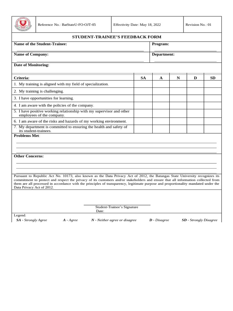 Student Trainees Feedback Form | PDF