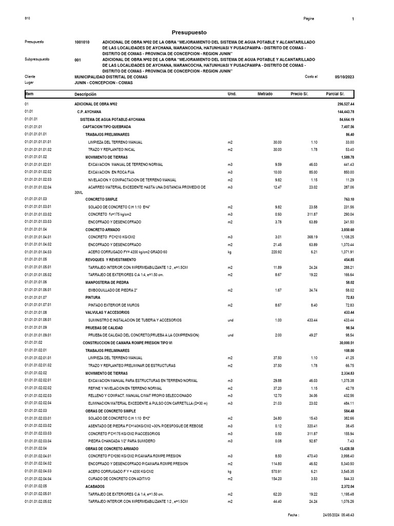 Presupuesto ADICIONAL MARANCOCHA | PDF | Hormigón | edificio