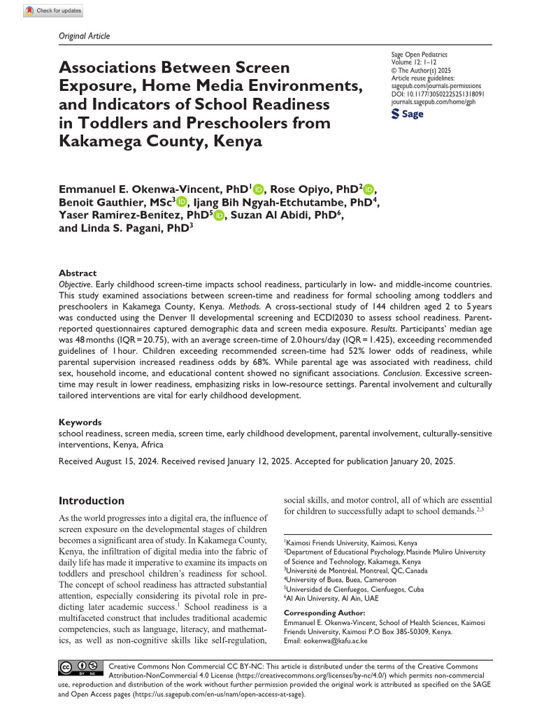 Okenwa Vincent Et Al 2025 Associations Between Screen Exposure Home Media Environments and ...