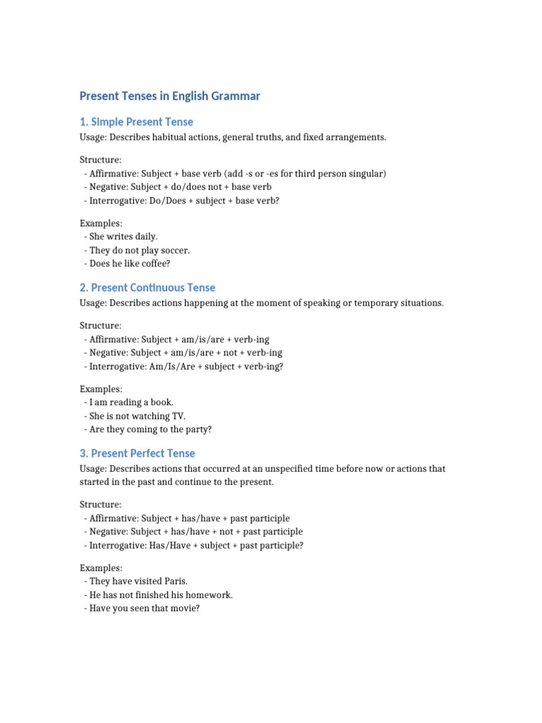 Present Tenses in English | PDF