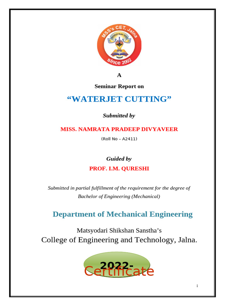 Water Jet Cutting Report | PDF | Vehicles | Car