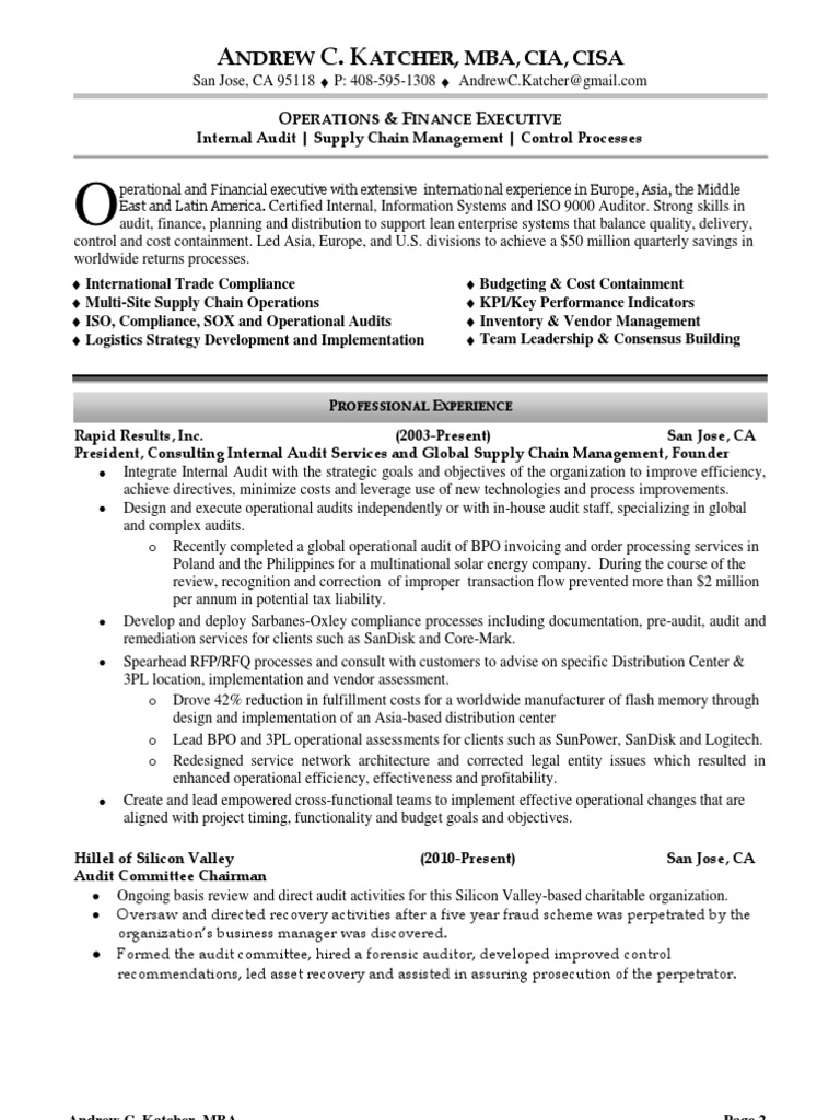 Internal Audit Manager in San Jose CA Resume Andrew Katcher | PDF ...