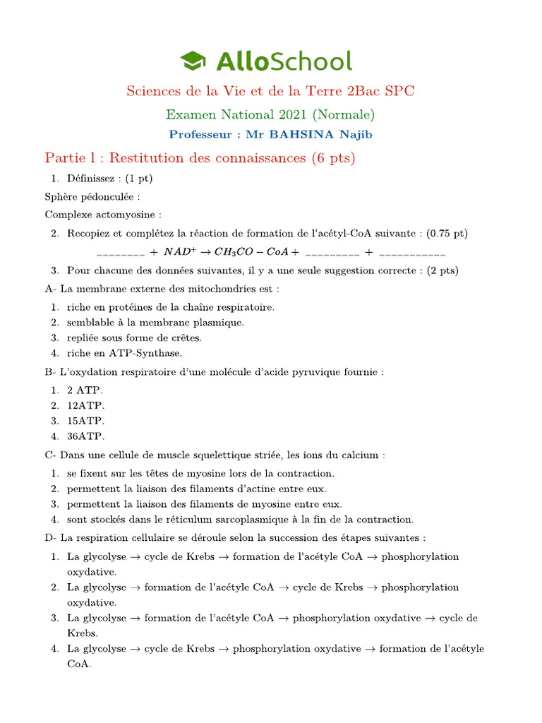 SVT 2bac SPC Examen National 2021 Normale 2 Compressed | PDF