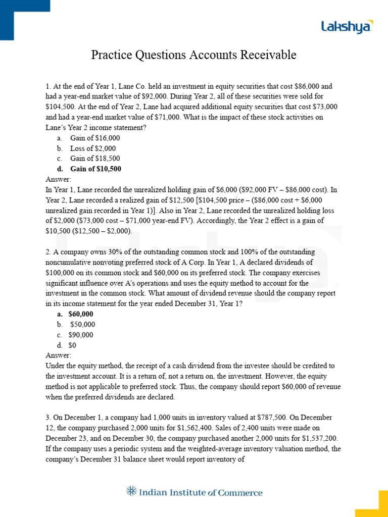 Accounts Receivable Practice Questions | PDF | Stocks | Inventory