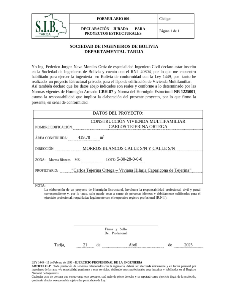 Formulario 001 DECLARACION JURADA Proyecto estructural-1 | PDF ...