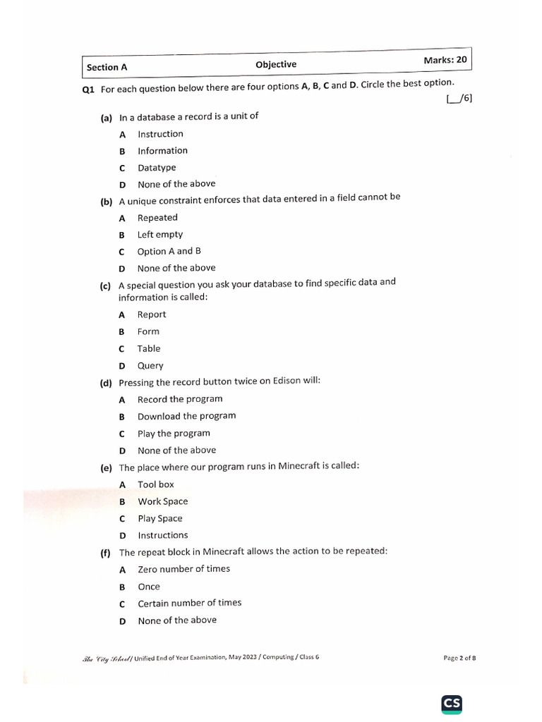 Class 6 Computing EOY Paper-2023 | PDF
