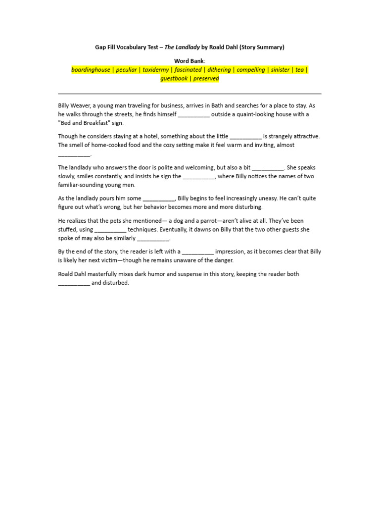 Vocabulary Test – the Landlady | PDF