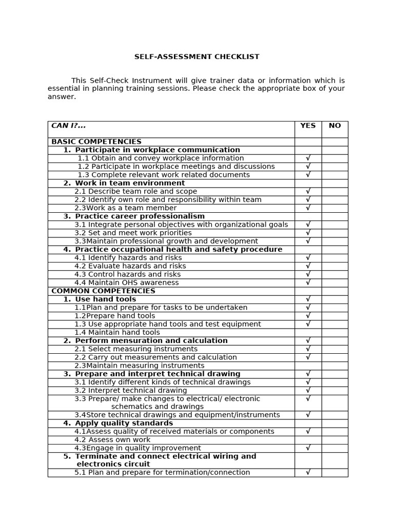 Veg - Self-Assessment Checklist | PDF | Electrical Wiring ...