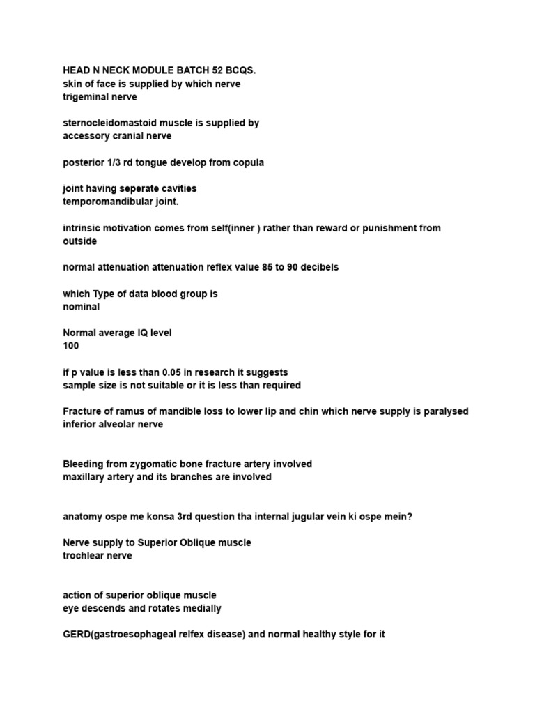 Head N Neck Module Batch 52 Bcqs | PDF | Tongue | Human Nose