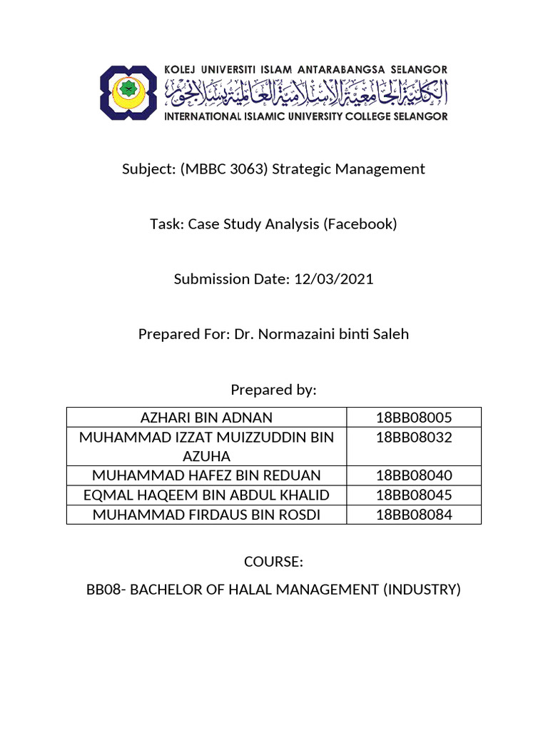 Task, Case Study Analysis, Facebook, Strategic Management - Group 3 ...