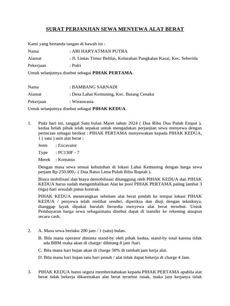 Surat Perjanjian Sewa Menyewa Alat Berat | PDF
