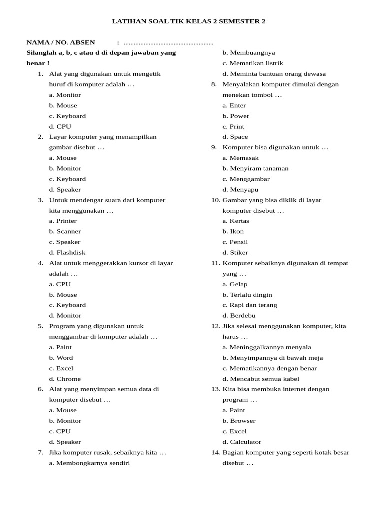 Latihan Soal Tik Kelas 2 Semester 2 | PDF