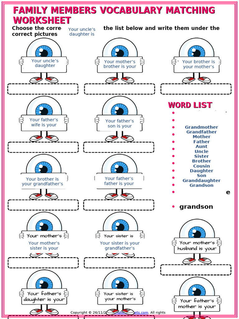 Family Members Vocabulary Esl Matching Exercise Worksheet For Kids | PDF