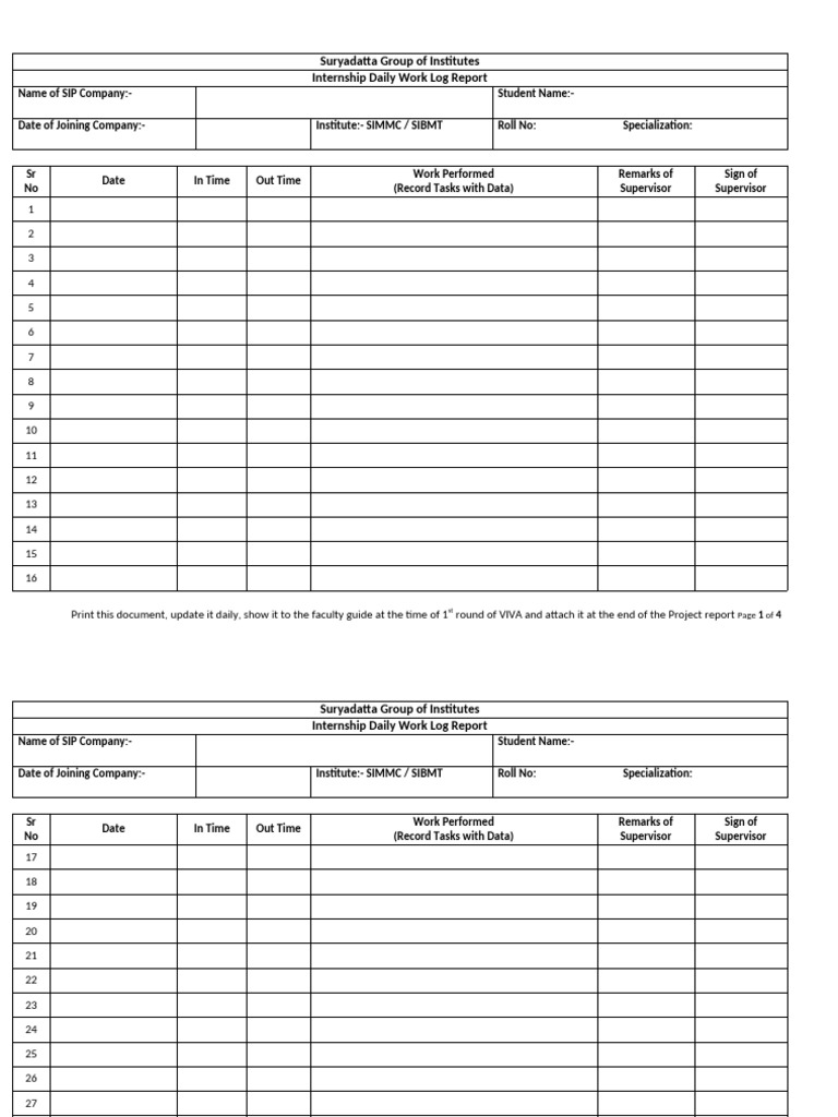 Daily Work Log Sheet For SIP | PDF | Sources