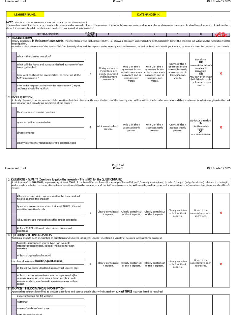 AssessmentRubric Grade12 PAT2025 | PDF | Spreadsheet | Databases