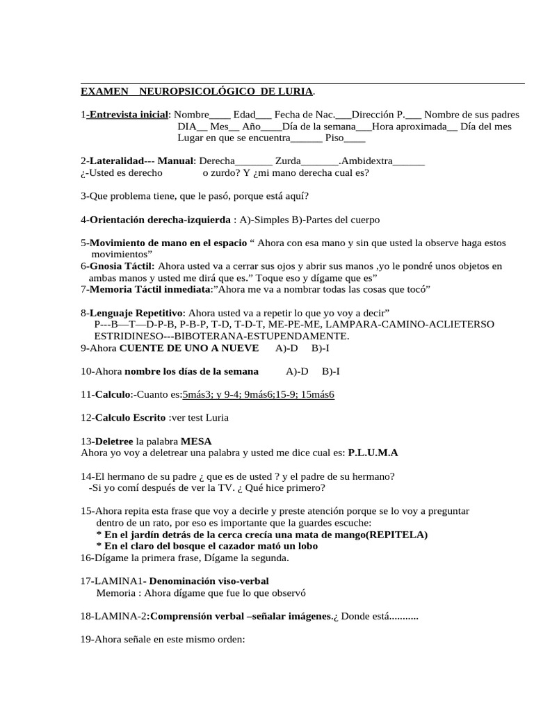 Examen Neuropsicológico de Luria: Guía Completa | PDF