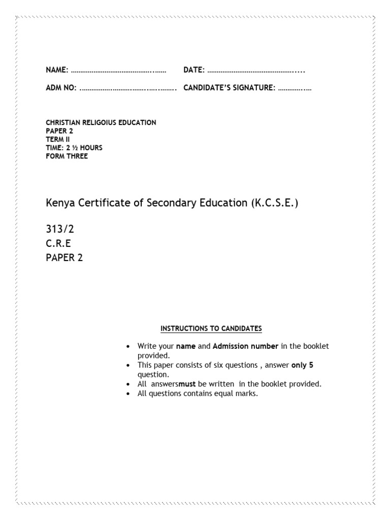 C.R.E Paper 1 Form 3 Mid Term 2 Exams 2017 | PDF | Jesus | Spiritual Gift