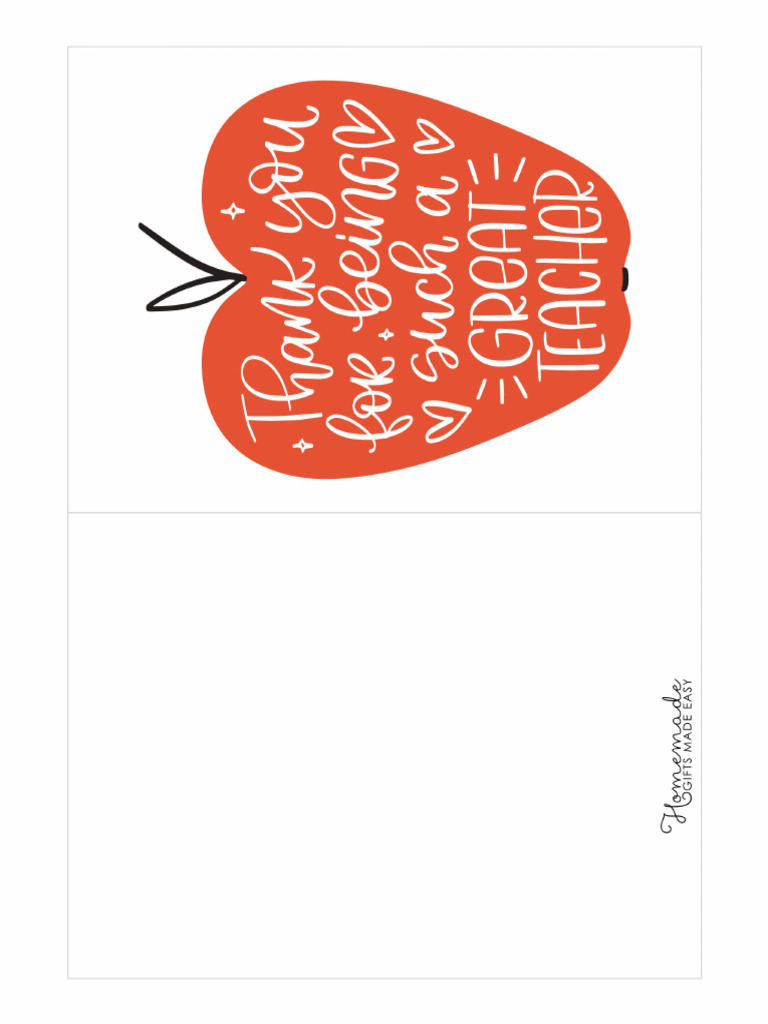 Printable Thank You Cards Great Teacher Red Apple | PDF
