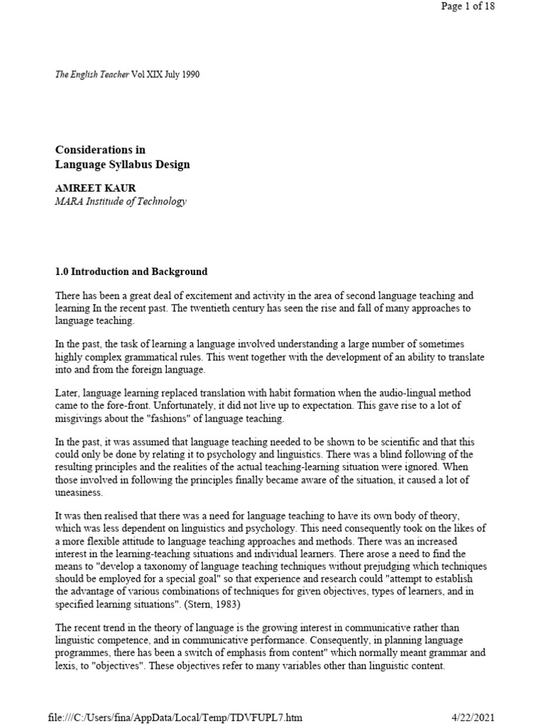 Consideration in Syllabus Design | PDF | Learning | Language Education