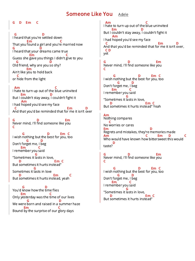Someone Like You - Adele - Chords For Guitar&Ukulele | PDF | Recorded Music