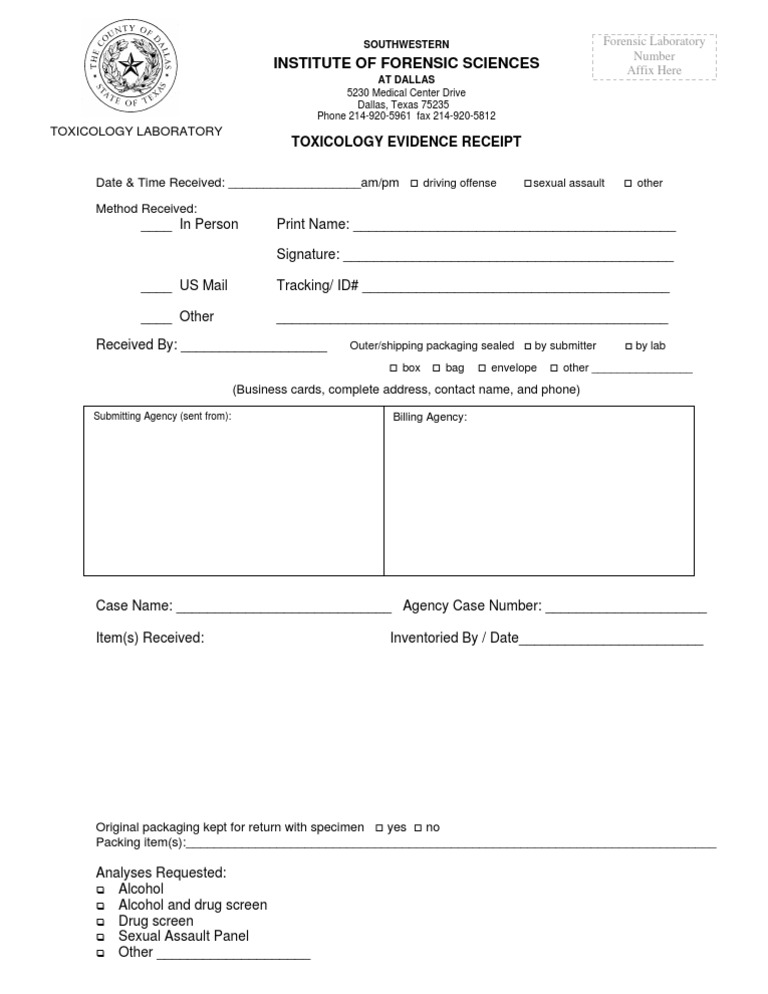 Institute of Forensic Sciences: Toxicology Evidence Receipt | PDF