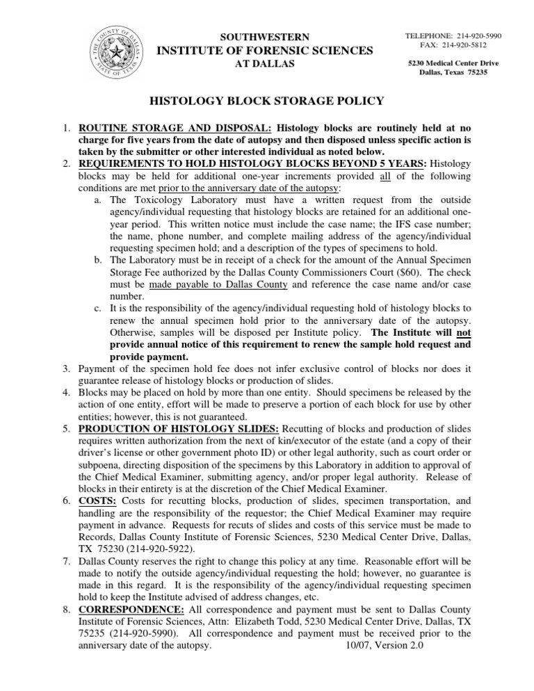 Histology Block Storage Policy | PDF | Autopsy | Histology