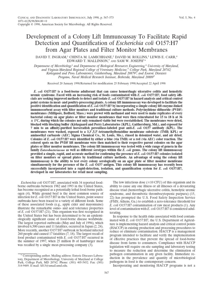 Ingram Et Al 1998 Development of A Colony Lift Immunoassay To ...