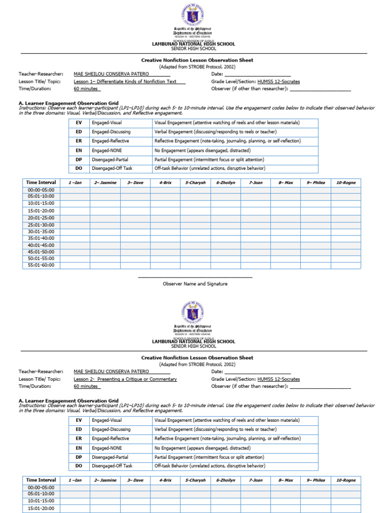 Observation Sheet For Measuring Learner Engagement | PDF ...