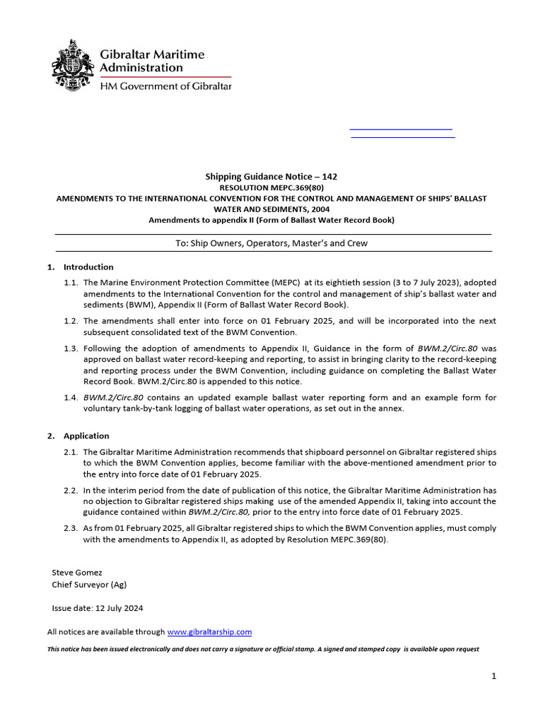 SGN 142 - BWM Convention - Amendments To Appendix II (Form of Ballast Water Record Book) | PDF ...