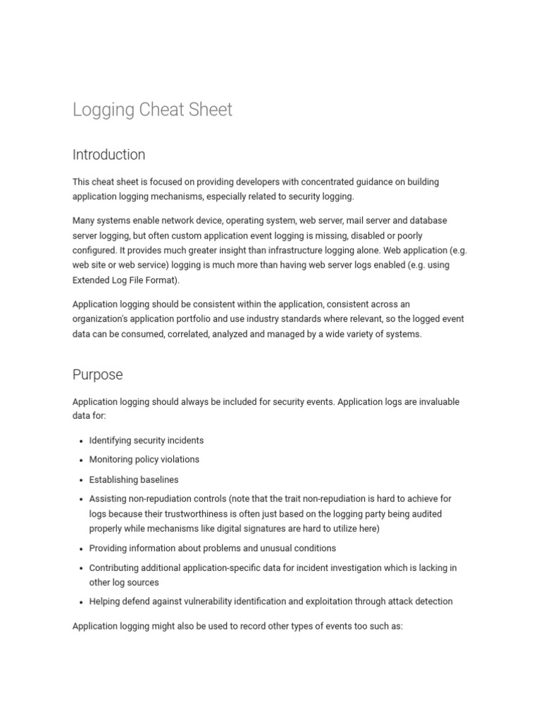 Logging - OWASP Cheat Sheet Series | PDF | World Wide Web | Internet & Web