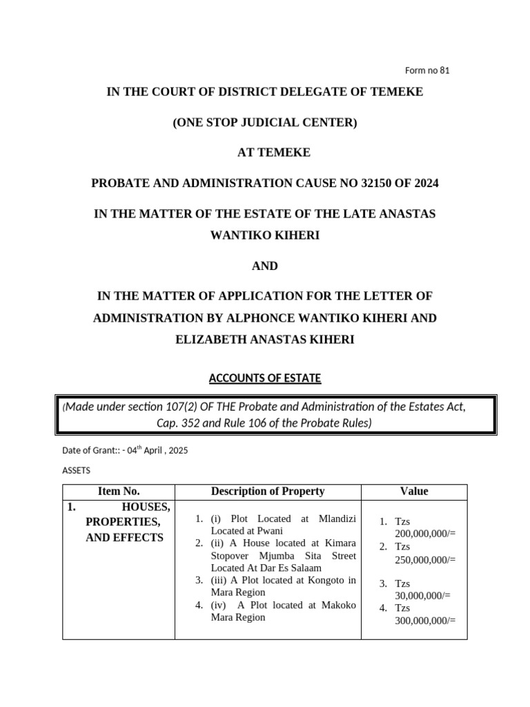 FINAL ESTATE ACCOUNT Form No 81 | PDF | Probate | Debt