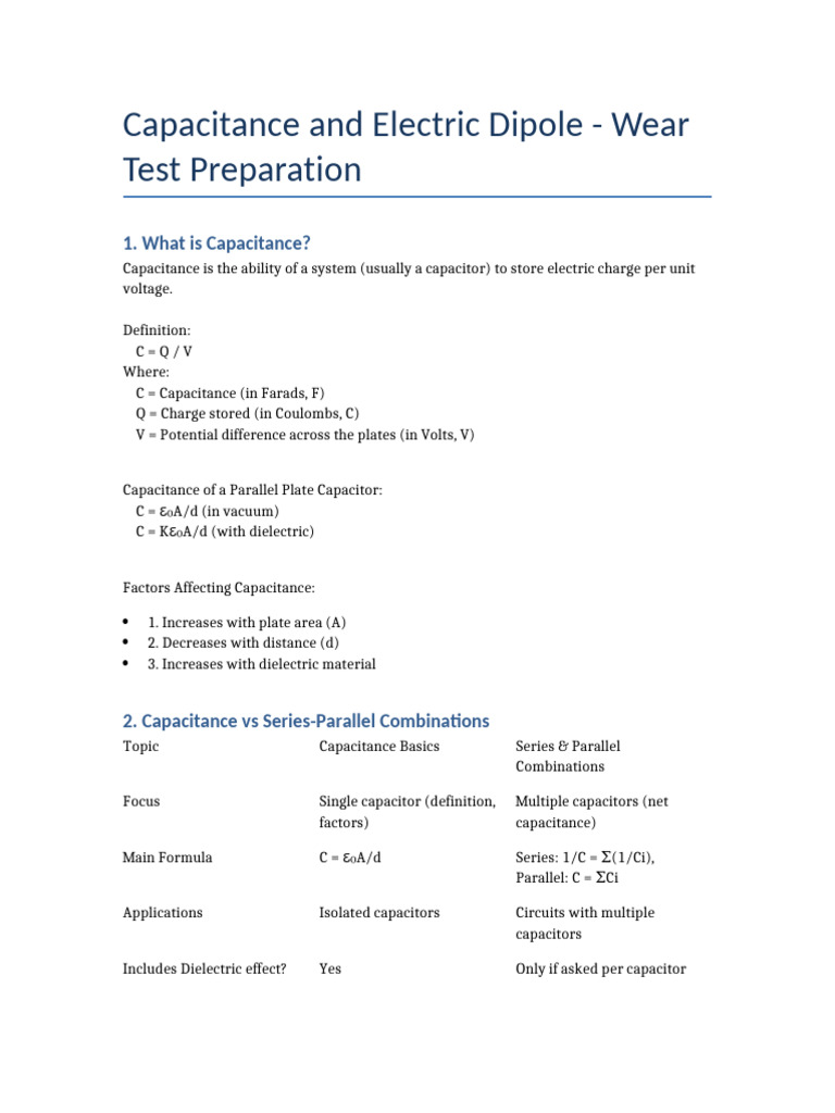Capacitance and Dipole Wear Test Preparation | PDF | Capacitance ...