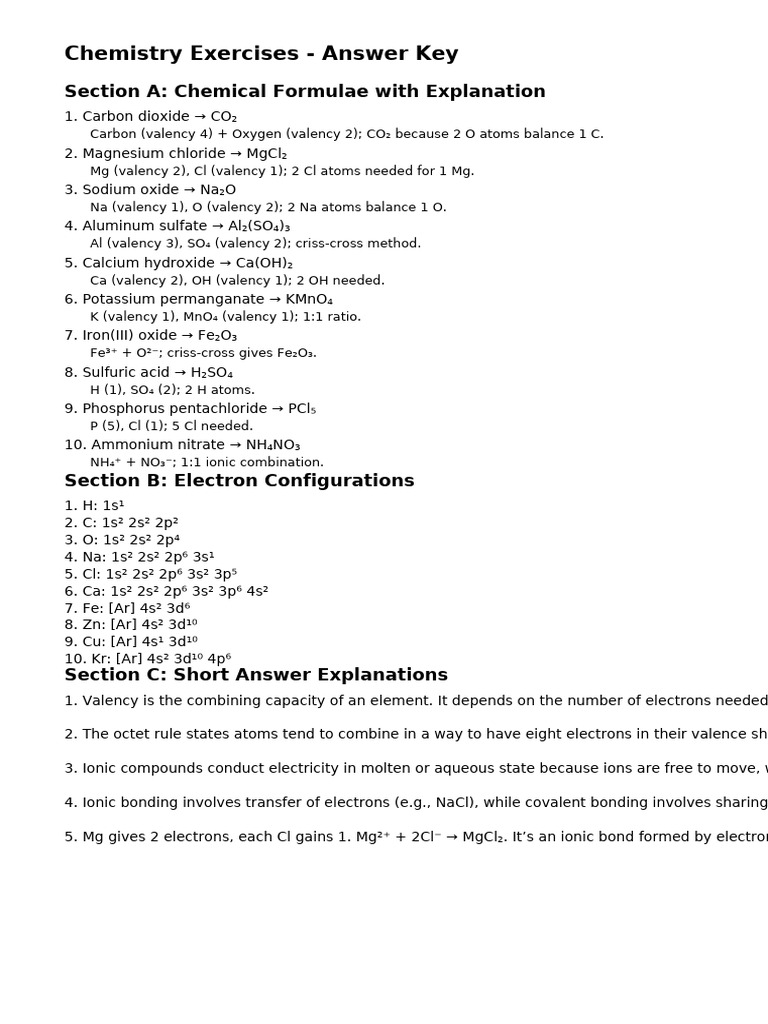 Chemistry Exercises Answer Key | PDF