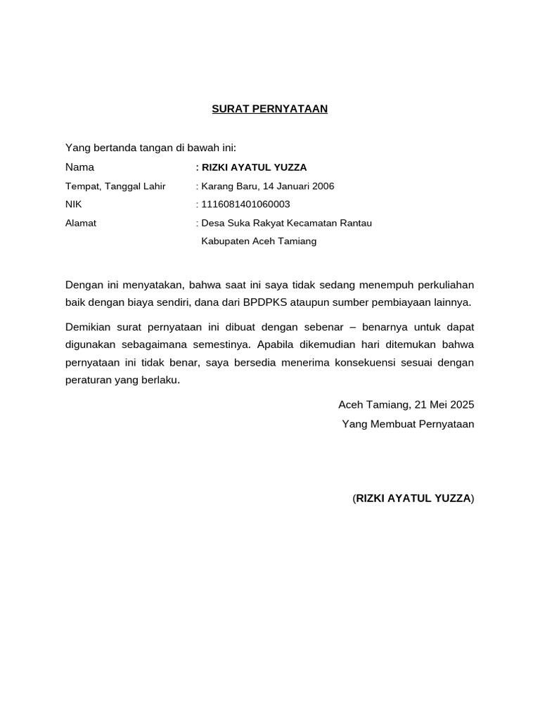 Surat Pernyataan Tidak Kuliah Rizki Yuzza | PDF