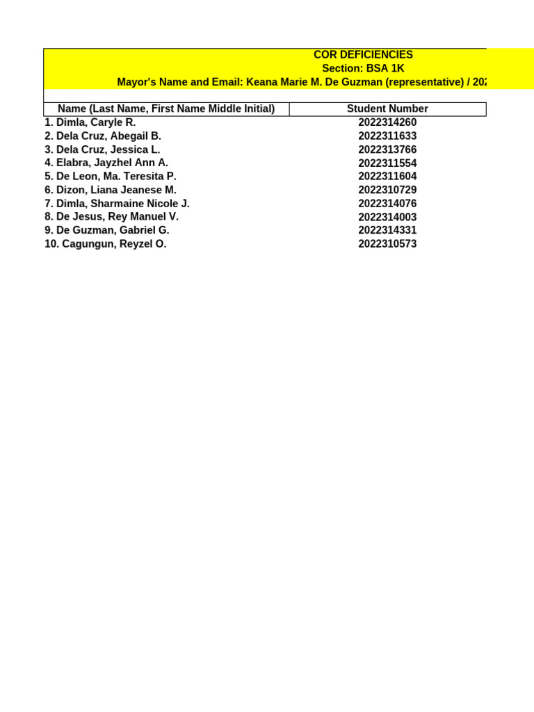 COR Deficiencies Format BSA 1K | PDF