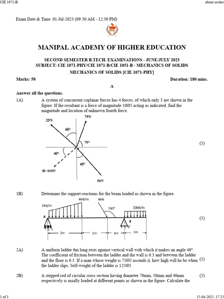 CIE 1071-B Mechanics of Solids | PDF | Young's Modulus | Mechanical Engineering