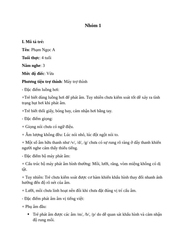 I. Mô tả trẻ: Tên Tuổi thực Năm nghe Mức độ điếc Phương tiện trợ thính | PDF