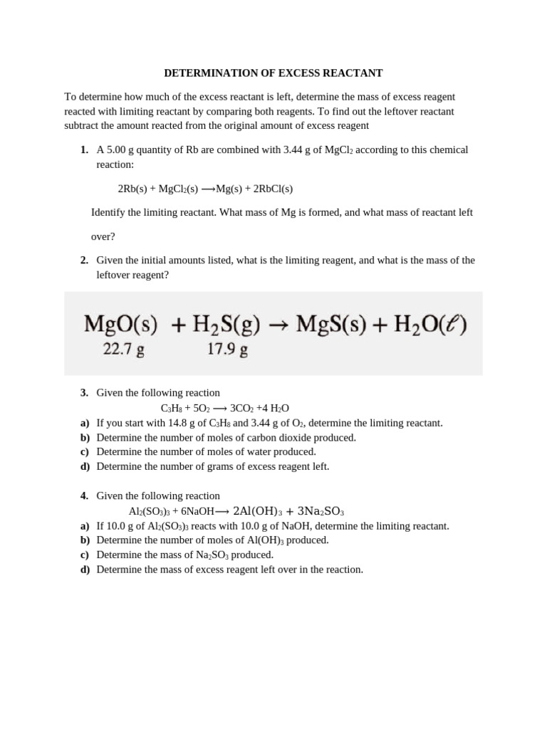 Determination Of Excess Reactant Pdf