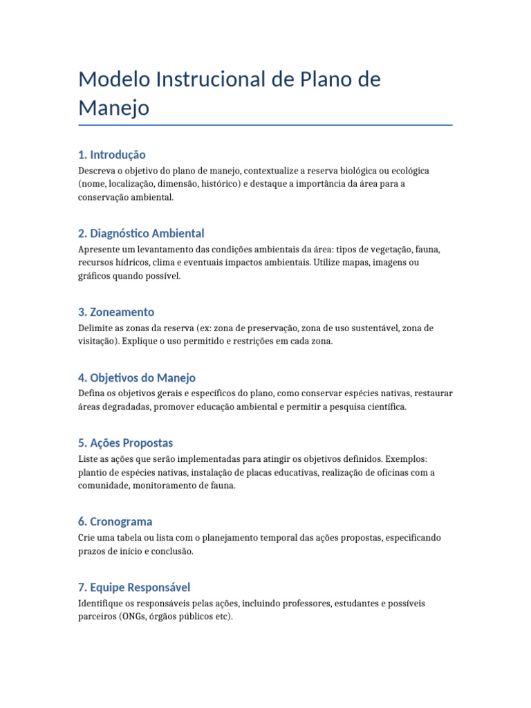 Modelo Instrucional Plano de Manejo | PDF